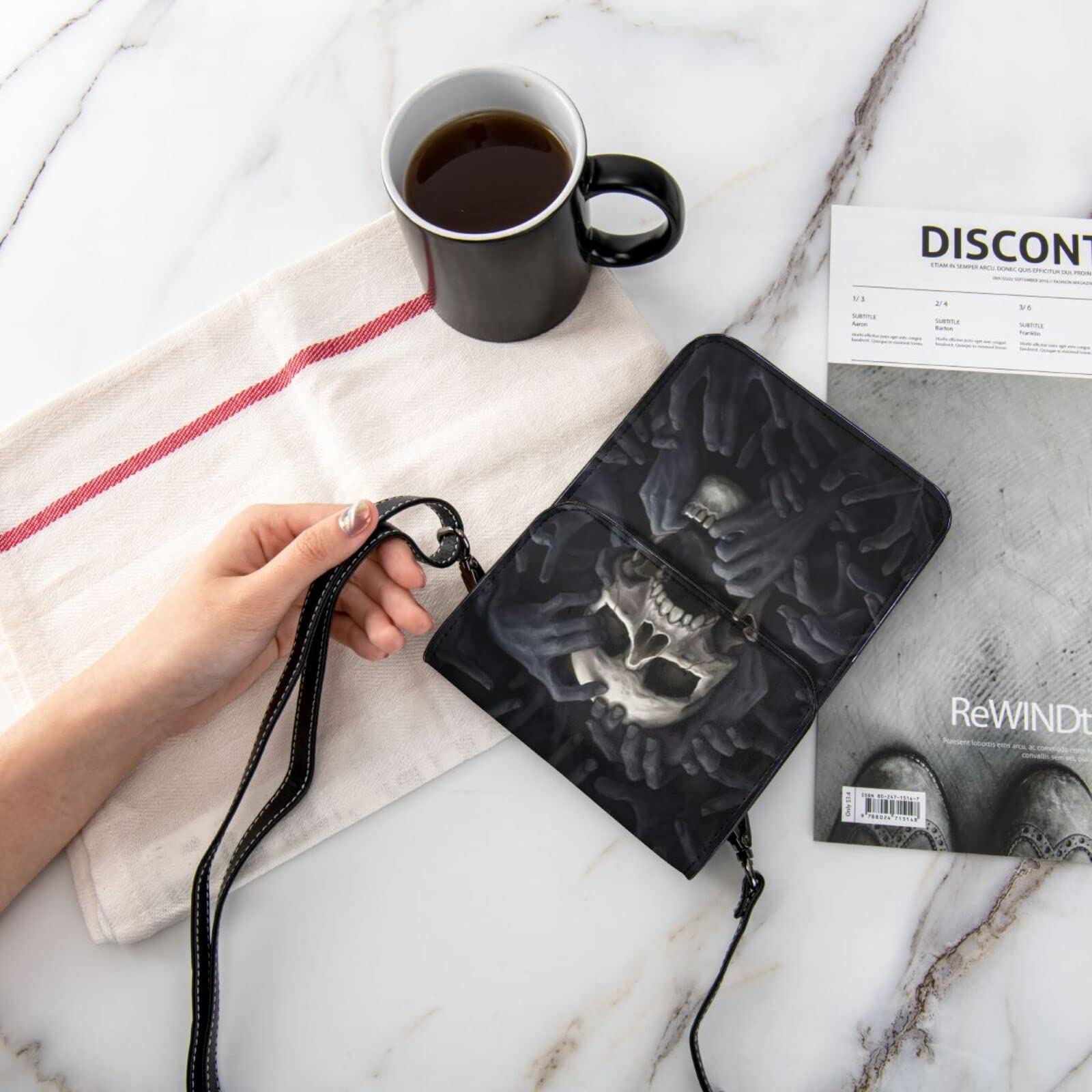 SKETVNHR Abstract Terror Hand Dark Skull Pattern Small Crossbody Cell Phone Purse for Women Soft Leather Fashion Travel Wallet with Adjustable Strap