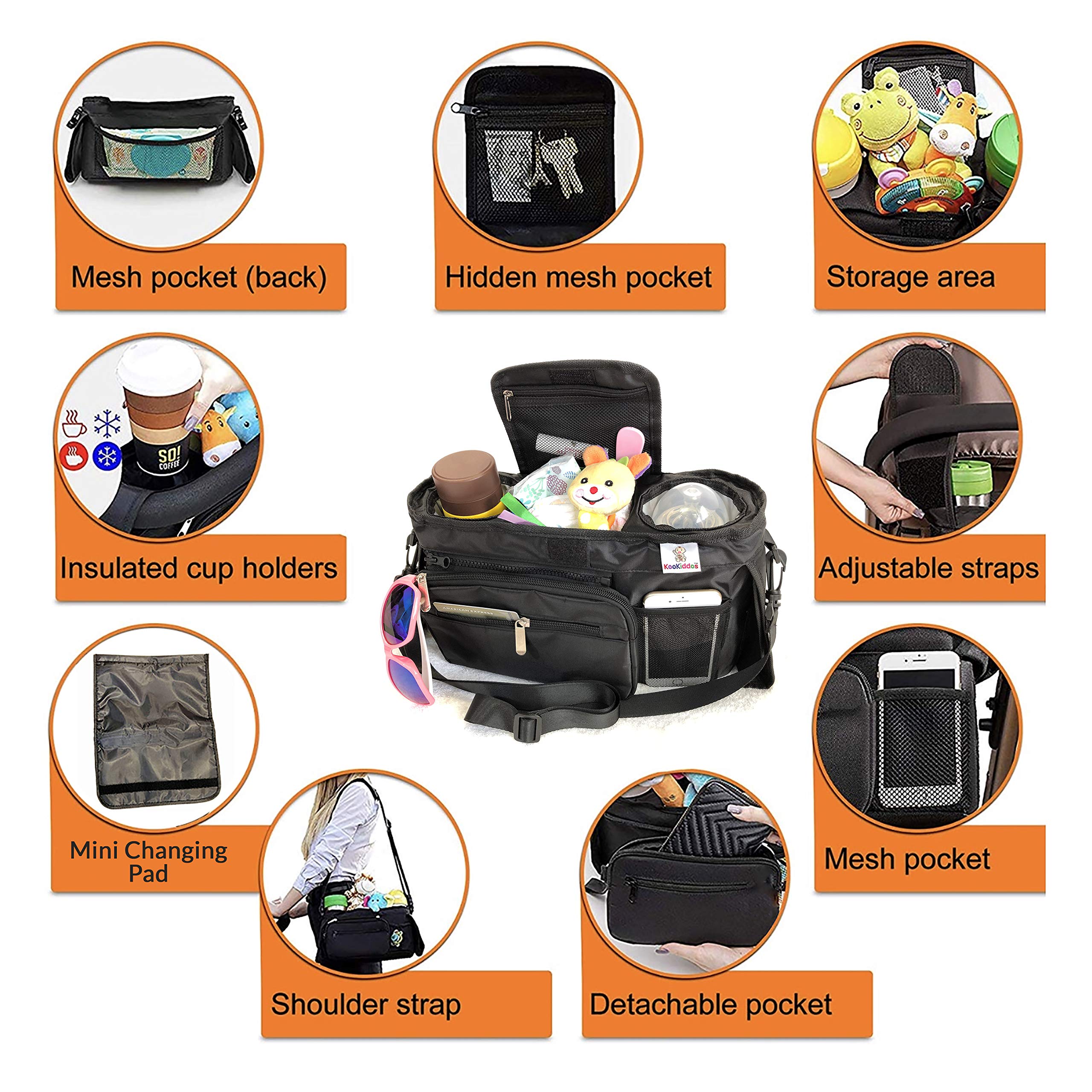 KOOKIDDOS Baby Stroller Organizer with Cup Holders Insulated, Baby Diaper Storage Organizers and Shoulder Strap Organizer Bag for Accessories, Fits Uppababy, Doona, Britax, Baby Jogger, Bugaboo, BOB