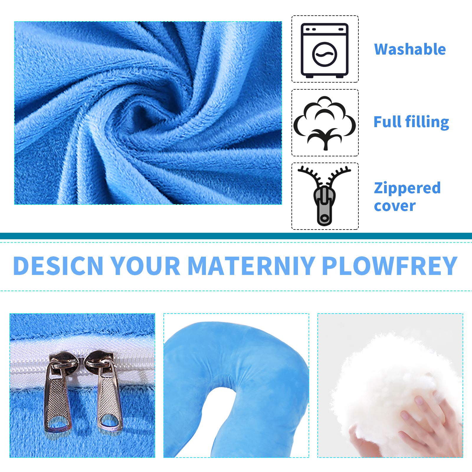 Mandzixin Pregnancy Pillow, Maternity Body Pillow with Velvet Separate Support Pillow Removable Cover,Side Sleeping and Back Hips, Legs Support for Pregnant Women (Light Blue, U Shaped+Body Pillow)