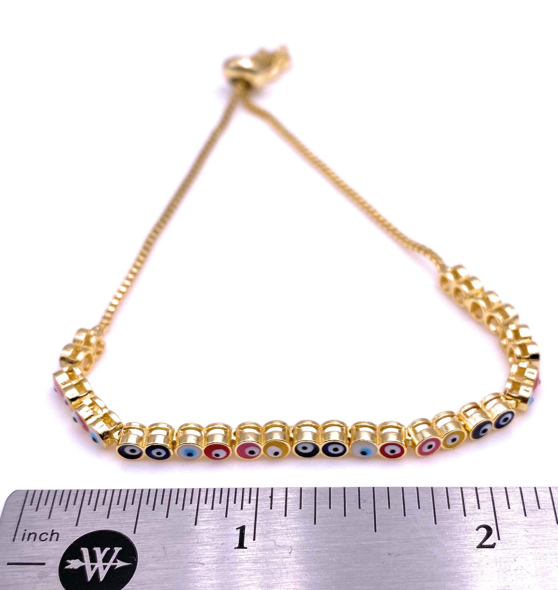LESLIE BOULES Multicolored Strand Evil Eyes Bracelet 18K Gold Plated Adjustable Chain Protection Jewelry