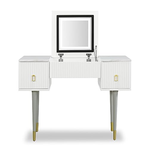 Lifeand 43.3" Modern Vanity Table Set with Flip-top Mirror and LED Light, Dressing Table with Customizable Storage, Marble-Style Stickers Tabletop, White+Gray