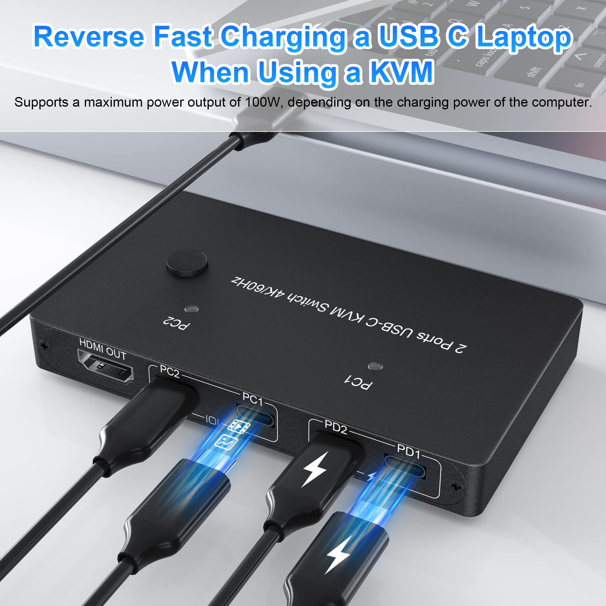 USB C KVM Switch 4K@60Hz, USB C Switcher for 2 Computers Share 1 HDMI HD Monitor and 4 USB Devices, with 100W Power Delivery, USB-C Switch with USB-C Cable, HDMI 2.0 Cable