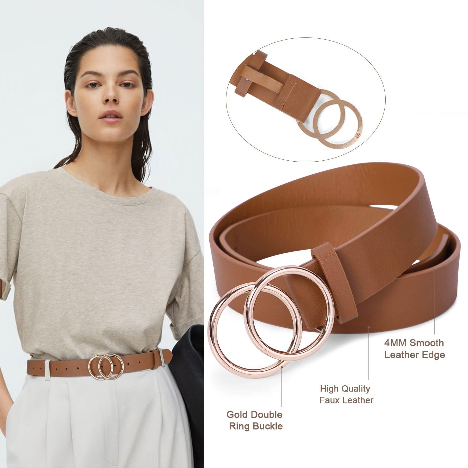 SANSTHS 2 Pack Womens Faux Leather Jeans Belt with Double O Ring Buckle (Black & Coffee, XS)