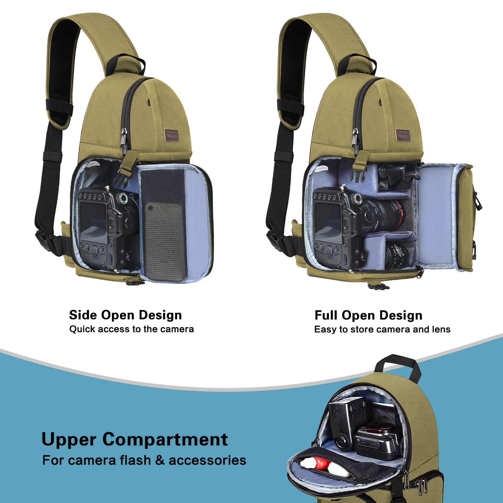 MOSISO Camera Sling Bag, DSLR/SLR/Mirrorless Camera Case Shockproof Photography Camera Backpack with Tripod Holder & Removable Modular Inserts Compatible with Canon/Nikon/Sony/Fuji, Khaki