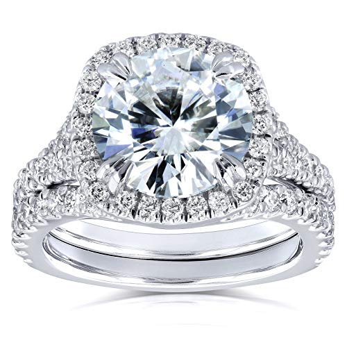 Kobelli Round Forever One Moissanite Cushion Halo Bridal Wedding Set 4 CTW 14k White Gold, 9.5