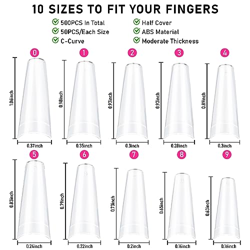 XIFEPFR 500PCS Clear Coffin Nail Tips, Half Cover False Nails Tips, Acrylic Nail Tips, 10 Sizes French Artificial Tips with Nail Glue Clipper Files Cuticle Fork for Nail Extension Home DIY Nail Salon