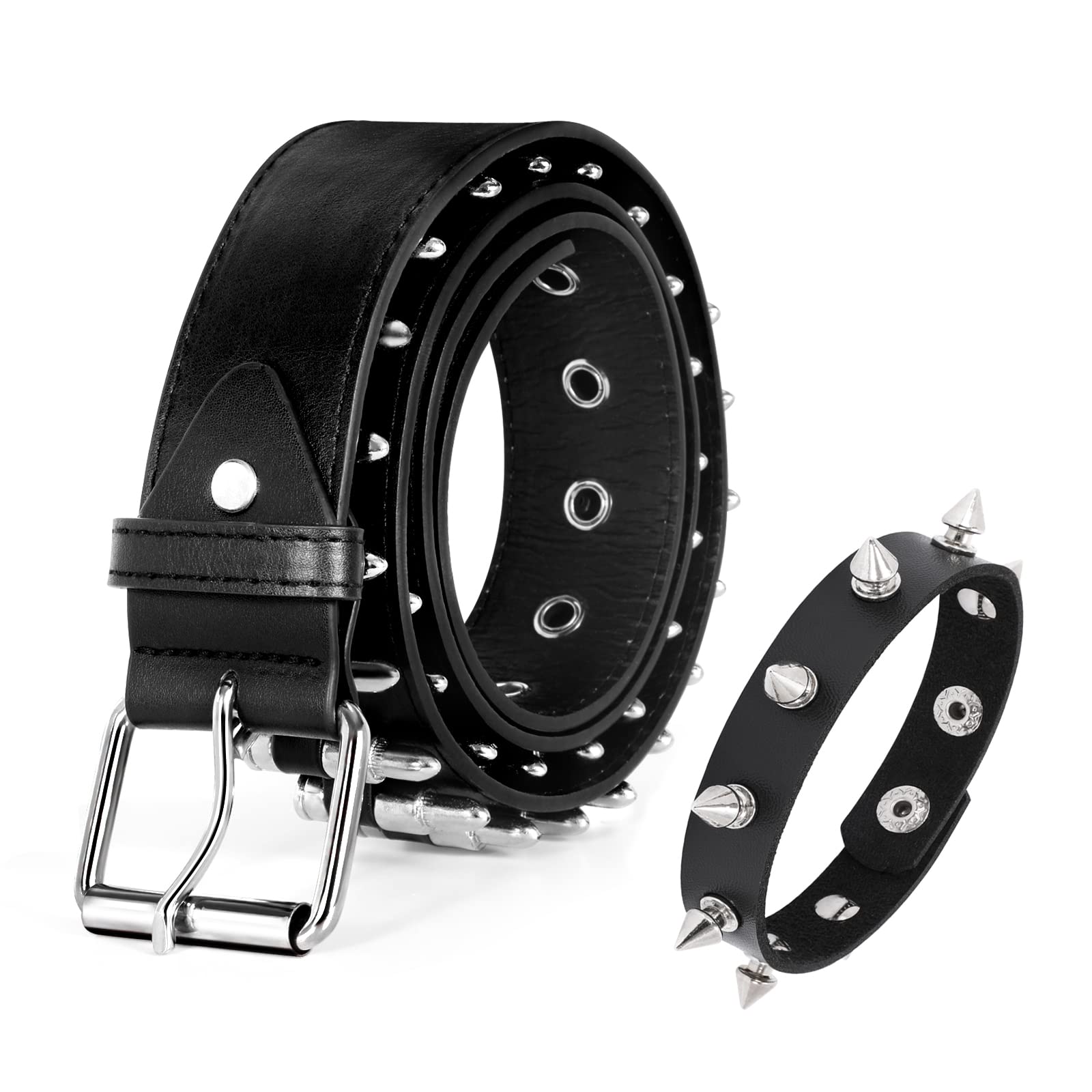 SANSTHS Bullet Rivet Belts Women Men Black Studded Gothic Belt Punk Style with Metel Buckle for Jeans Hip Hop(Black+Black,S)