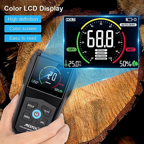 Pinless Moisture Meter, MESTEK Wood Moisturer Meter for Non-Destructive Moisture Detection in Lumber Drywall Firewood Masonry Plaster Floor Concrete Building with Color LCD Sound Alarm