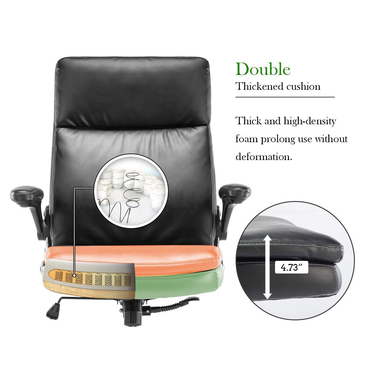 KERMS Executive Office Chair PU Leather Desk Chair with Lumbar Support and Flip Up Arms, High Back Office Chair Adjustable Recline Locking, Black