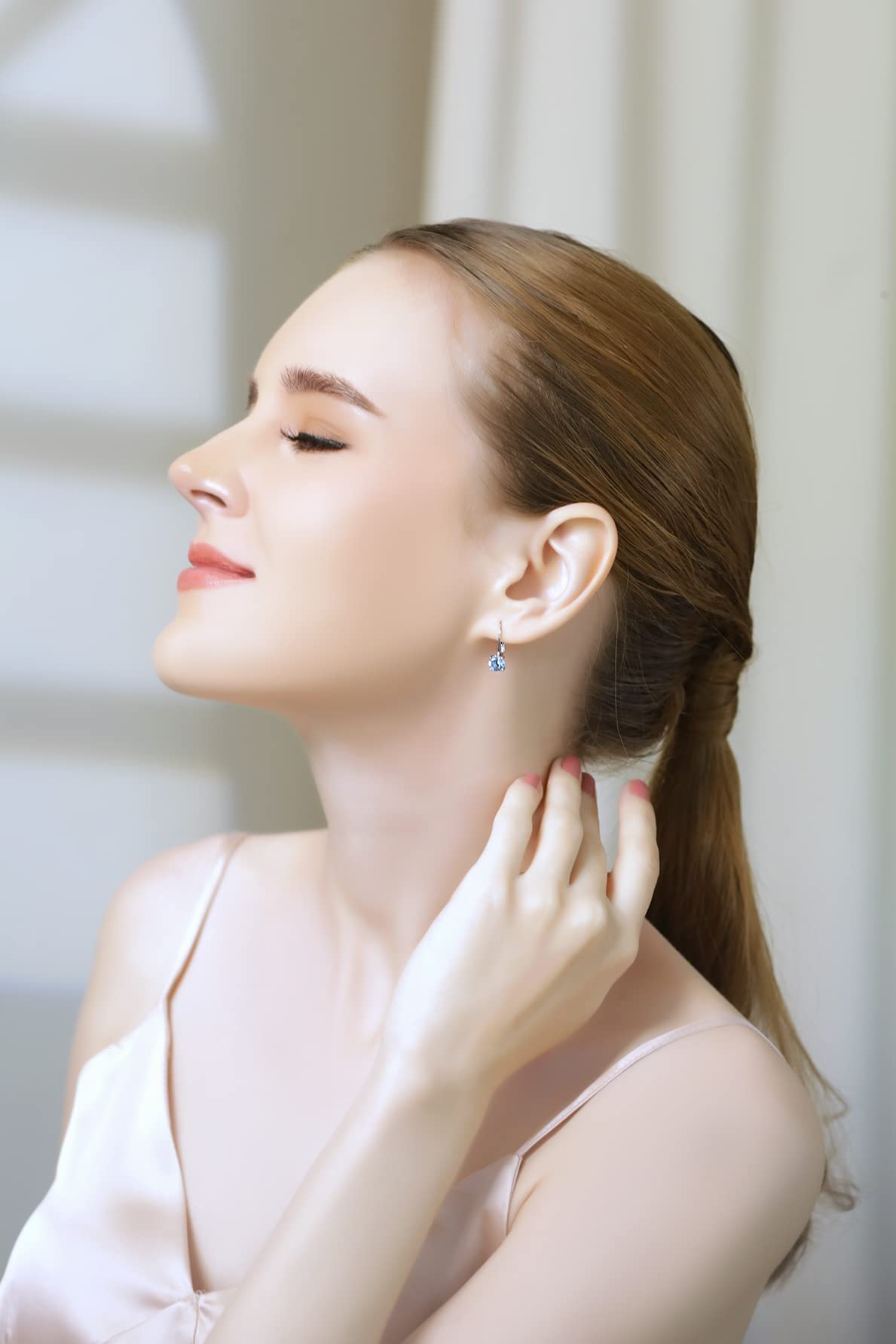 Leverback Earrings for Women Sterling Silver Light Blue Crystal Round-cut Drop Earring for Bridesmaids