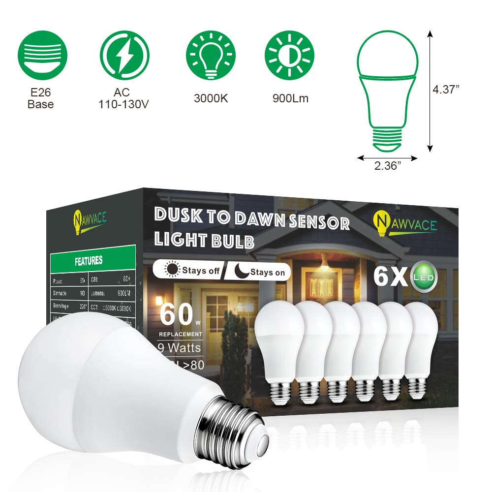 NAWVACE Light Bulb LED Outdoor Lighting, Warm White 3000K, 9W(60W Equivalent) 900LM E26 A19, 6-Pack