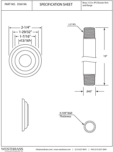 Westbrass 1/2" IPS x 19" Ceiling Mounted Shower Arm with Flange, Polished Chrome, D3619A-26
