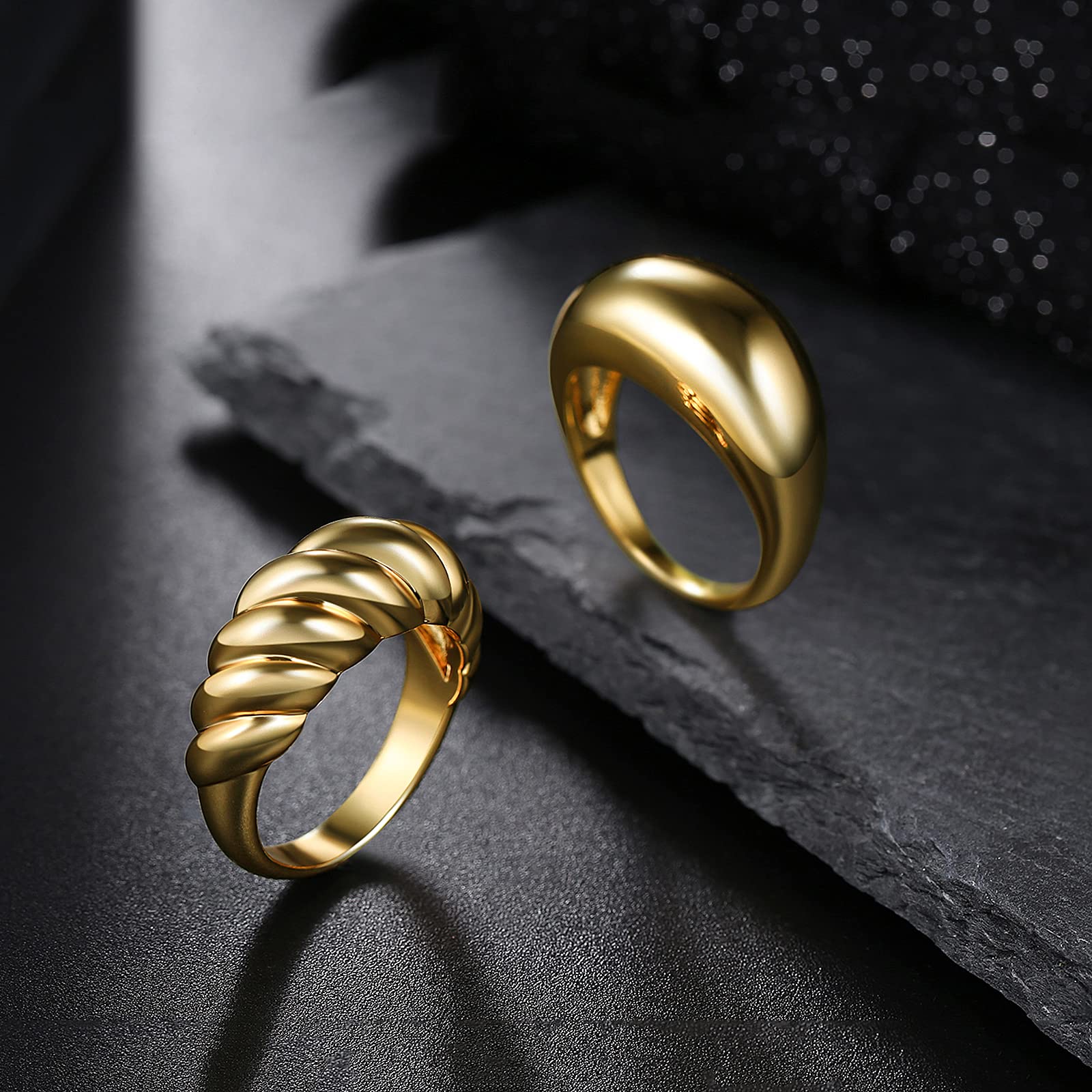 LKneckes Women Ring Beautiful Gold and Silver Thread Glossy Ring Set for Wedding 18K Gold Plated Croissant Dome Ring Twisted Braided Gold Plated Ring 2PCS (GOLD SIne 8)