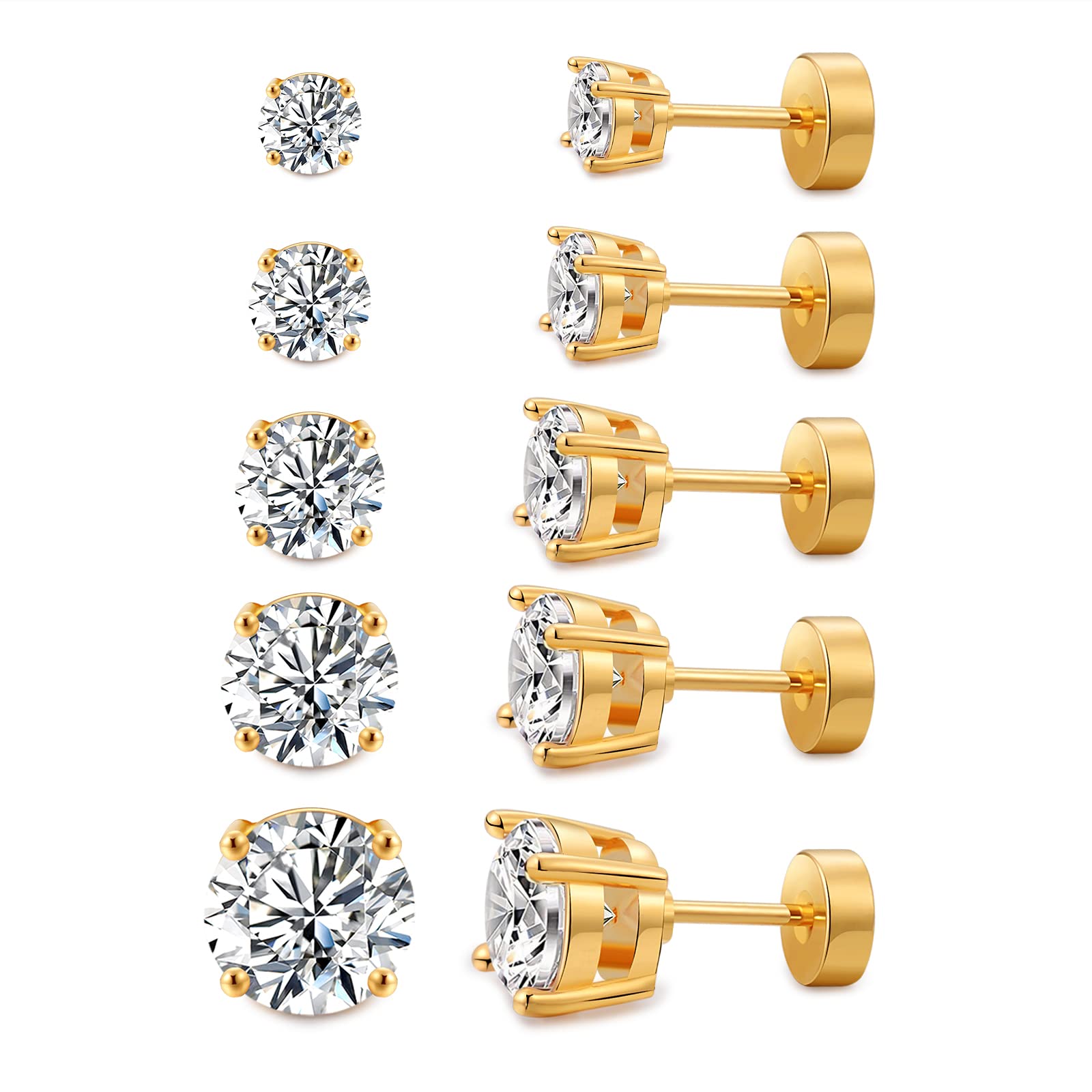 Kainier Women's 5 Pairs 14K Gold Plated CZ Stud Earrings Flat Back Earrings Simulated Diamond Round Surgical Steel Cubic Zirconia Hypoallergenic Flat Back Ear Stud Set(5 Pairs)