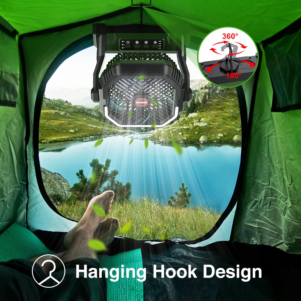 Portable Camping Fan,12000mAh 5 IN 1 Rechargeable Personal USB Small Desk Battery Powered fan with LED Lights/Power Bank/Timer/Hook Camping Essentials Accessories for Travel Tent Outdoor Fishing