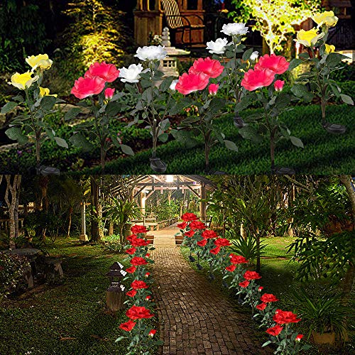 LamQee 3 Head Rose Flower Solar Powered LED Lights IP65 Waterproof Outdoor In-Ground Stake Light Lamp for Garden Stake Yard Home Decor - Pack of 1, Red