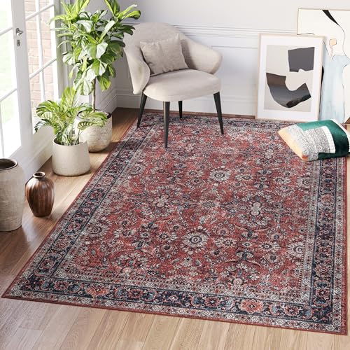 TAPISO Area Rug Dubai Dark Red Burgundy Traditional Frame Ornaments Washable Anti-Slip Foldable Vintage Living Room Bedroom Durable Carpet Size - 3 x 5 ft