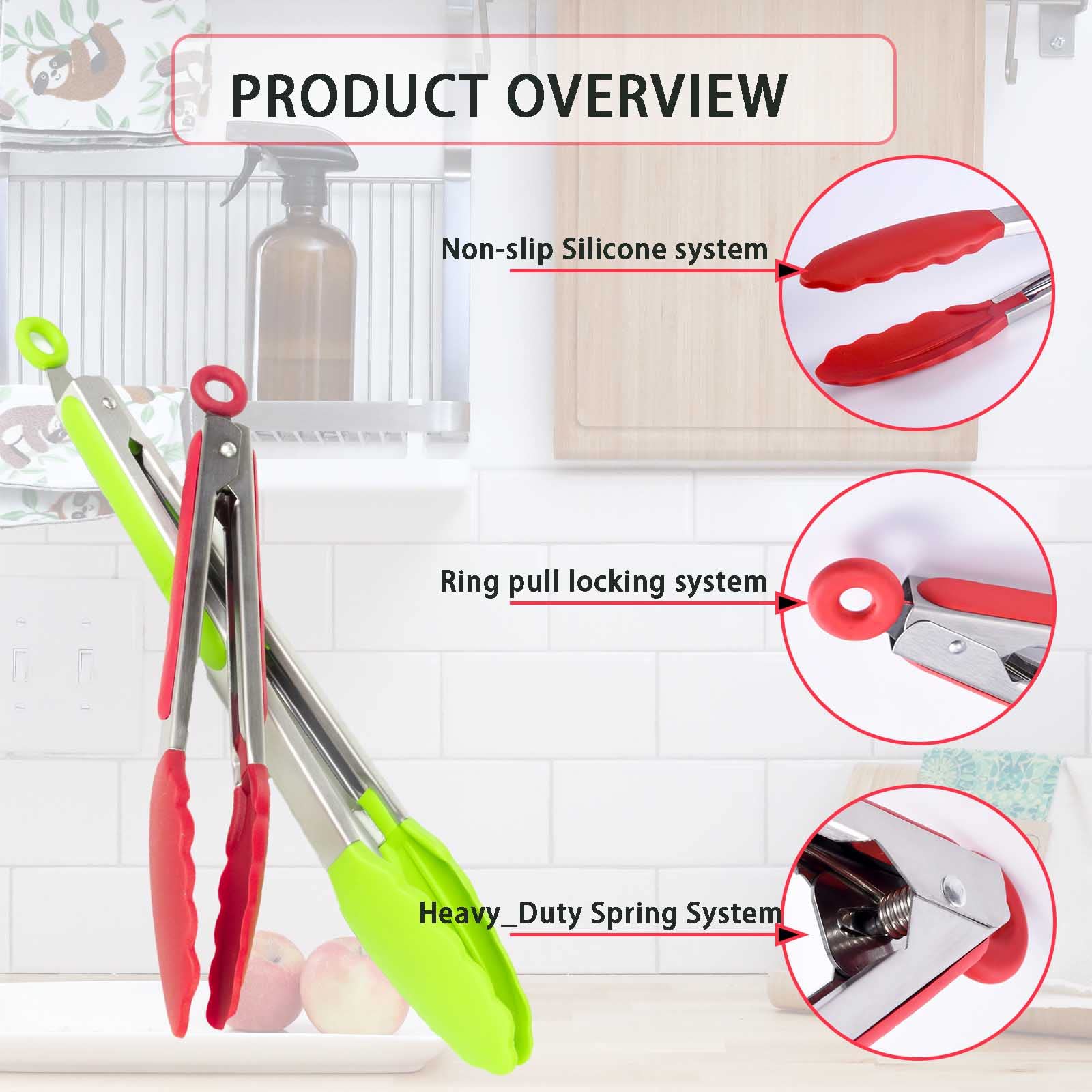 KAIXIR 2 Pack Kitchen Tongs with Silicone Tips and Pads, 9-Inch and 12-Inch Non-Stick Stainless Steel Locking Kitchen Tongs, Kitchen Utensils Silicone Tongs Set for Cooking, BBQ and Serving