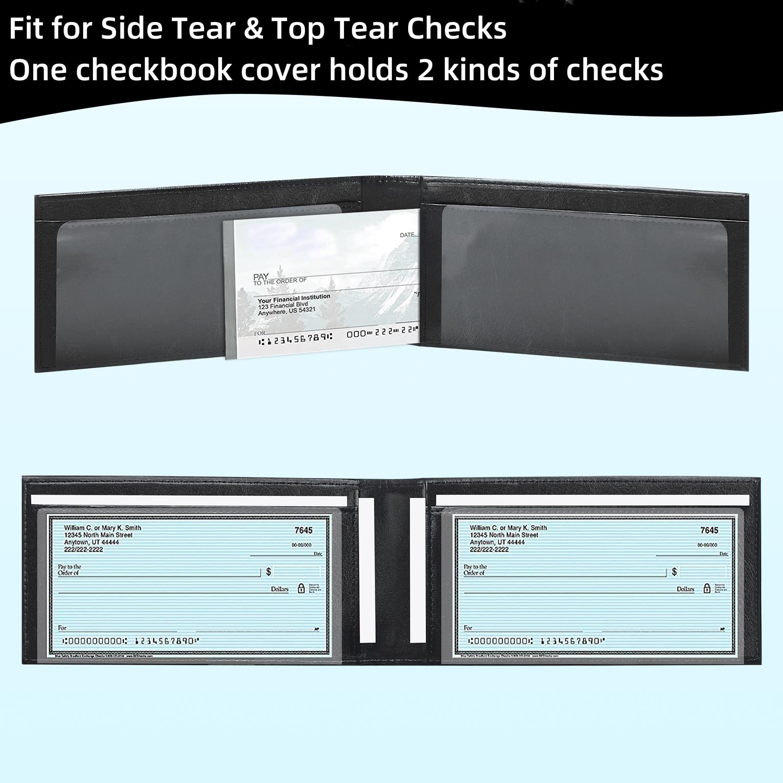 LLi Cufite Leather Checkbook Cover for 2 Checks, Side Tear Top Stub Personal Check, Registers, Receipts, Duplicate Checks, with Card Slots Plastic Insert Flap for Men & Women (Black)