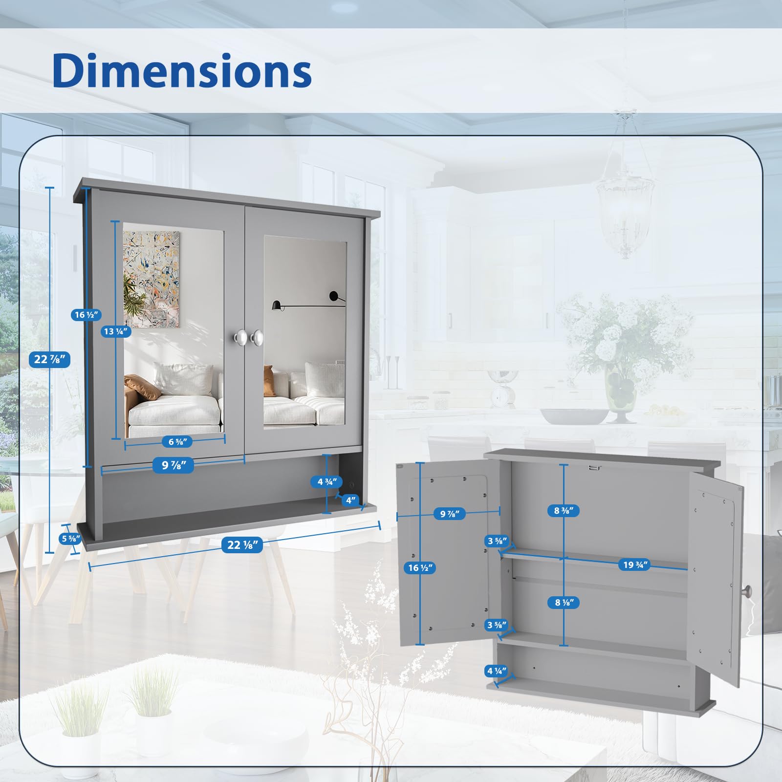 Lifetime Home Modern Bathroom Wall Cabinet with Mirror & Adjustable Shelf - Wall Mounted Utility Medicine Cabinet for Kitchen, Living Room Garage Laundry Room - Wooden Storage Over Sink Toilet