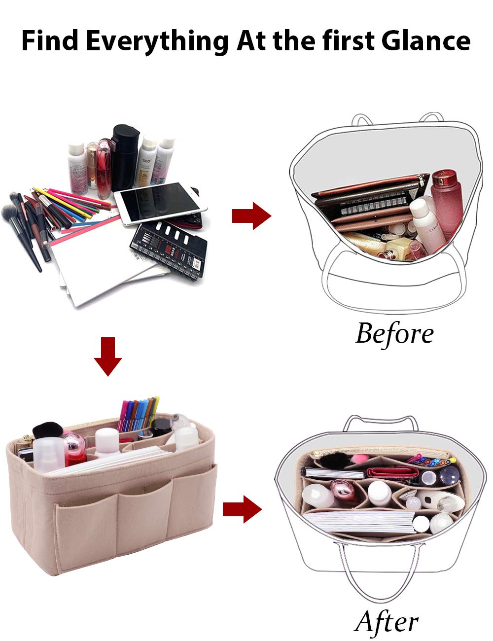 LEXSION Felt Handbag Organizer,Insert purse organizer Structure Shaper fits Speedy 8001 Beige L
