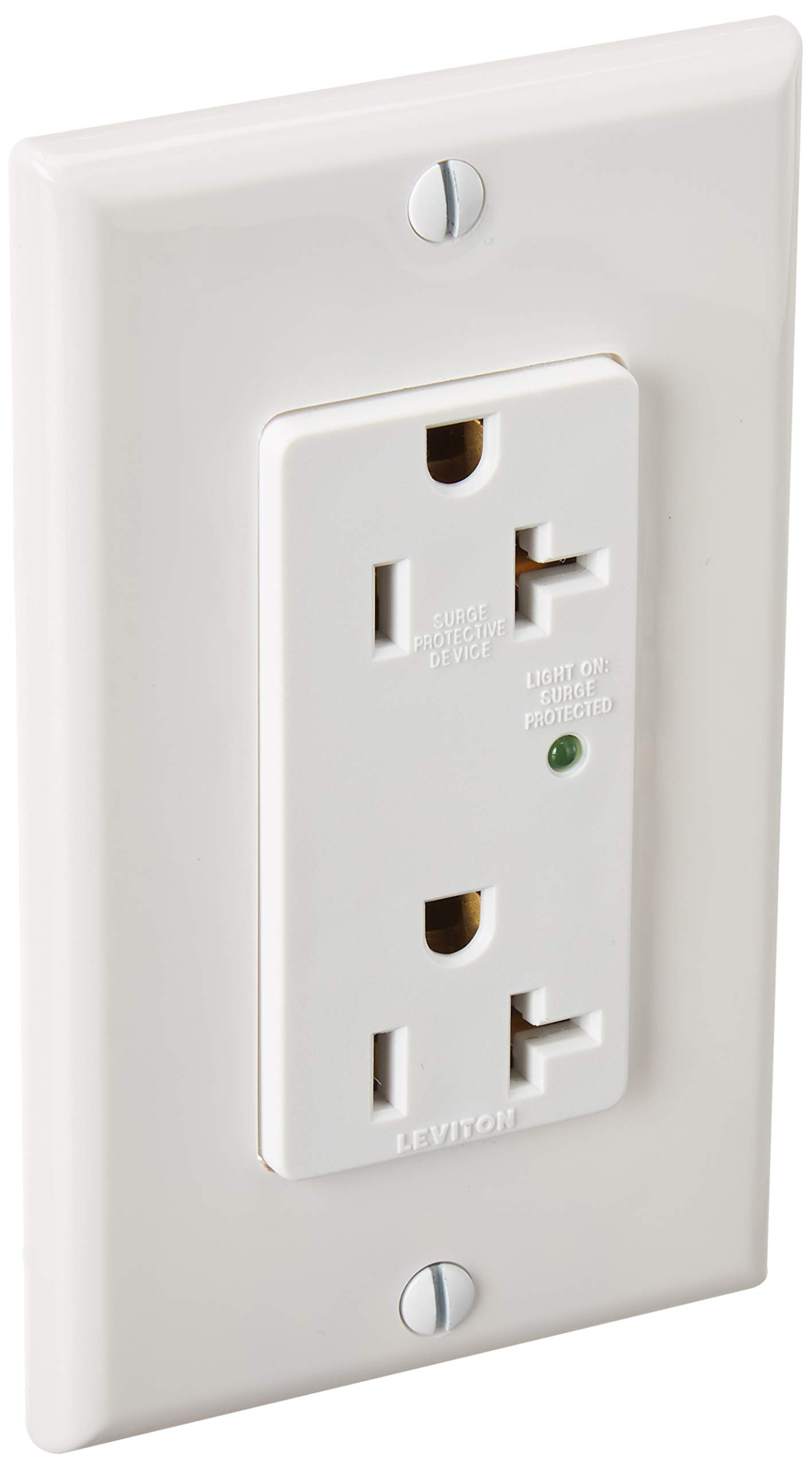 Leviton 5380-W 20 Amp, 125 Volt, Decora Plus Duplex Receptacle, Straight Blade, Industrial Grade, Surge w/ Indicator Light, White