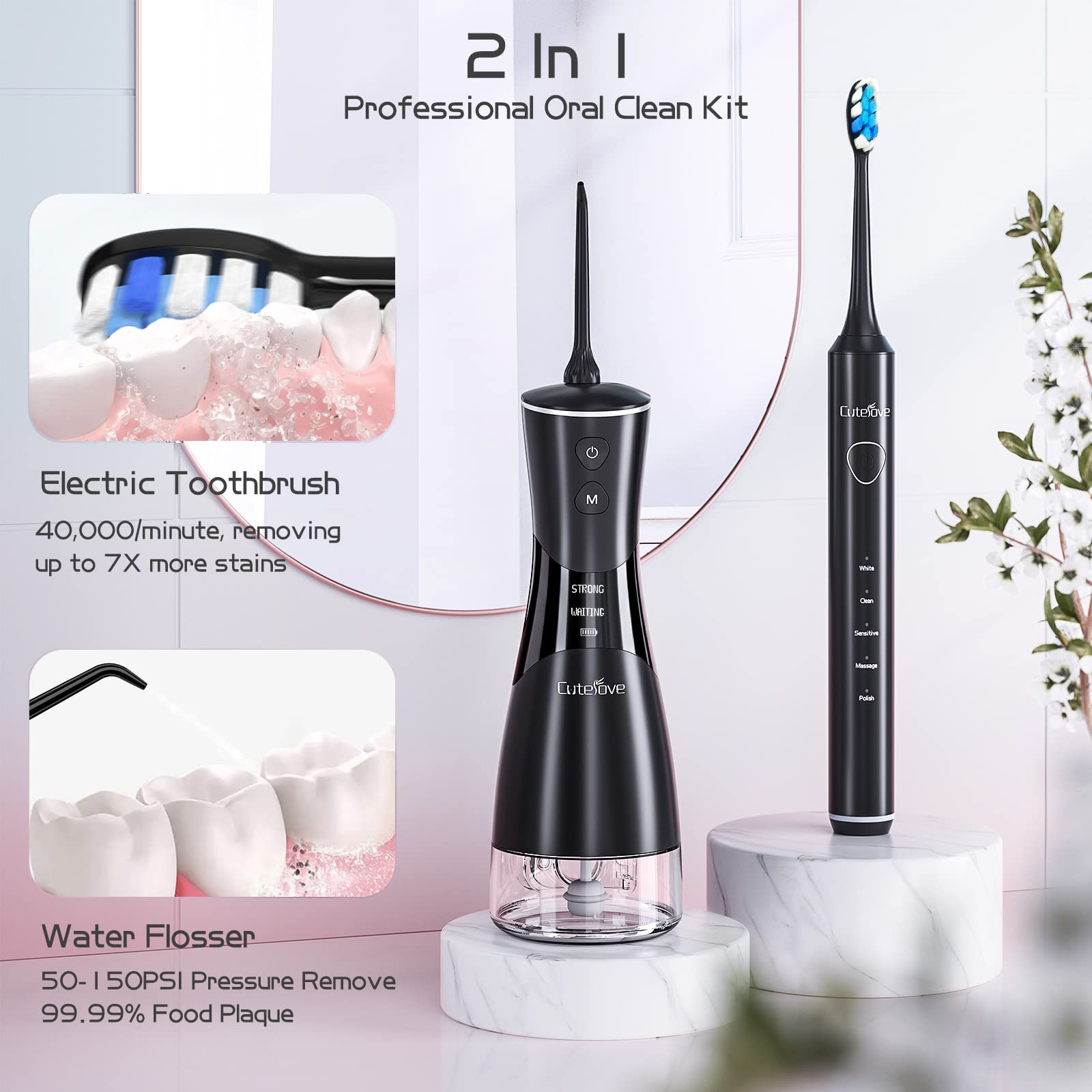 Water Flosser with 350ML & OLED Display & 5 Jet Tips & IPX7 Waterproof & 5 Modes, Cordless Water Flosser Picks for Teeth Cleaning, Electric Toothbrush with Water Flosser for Home Travel Use