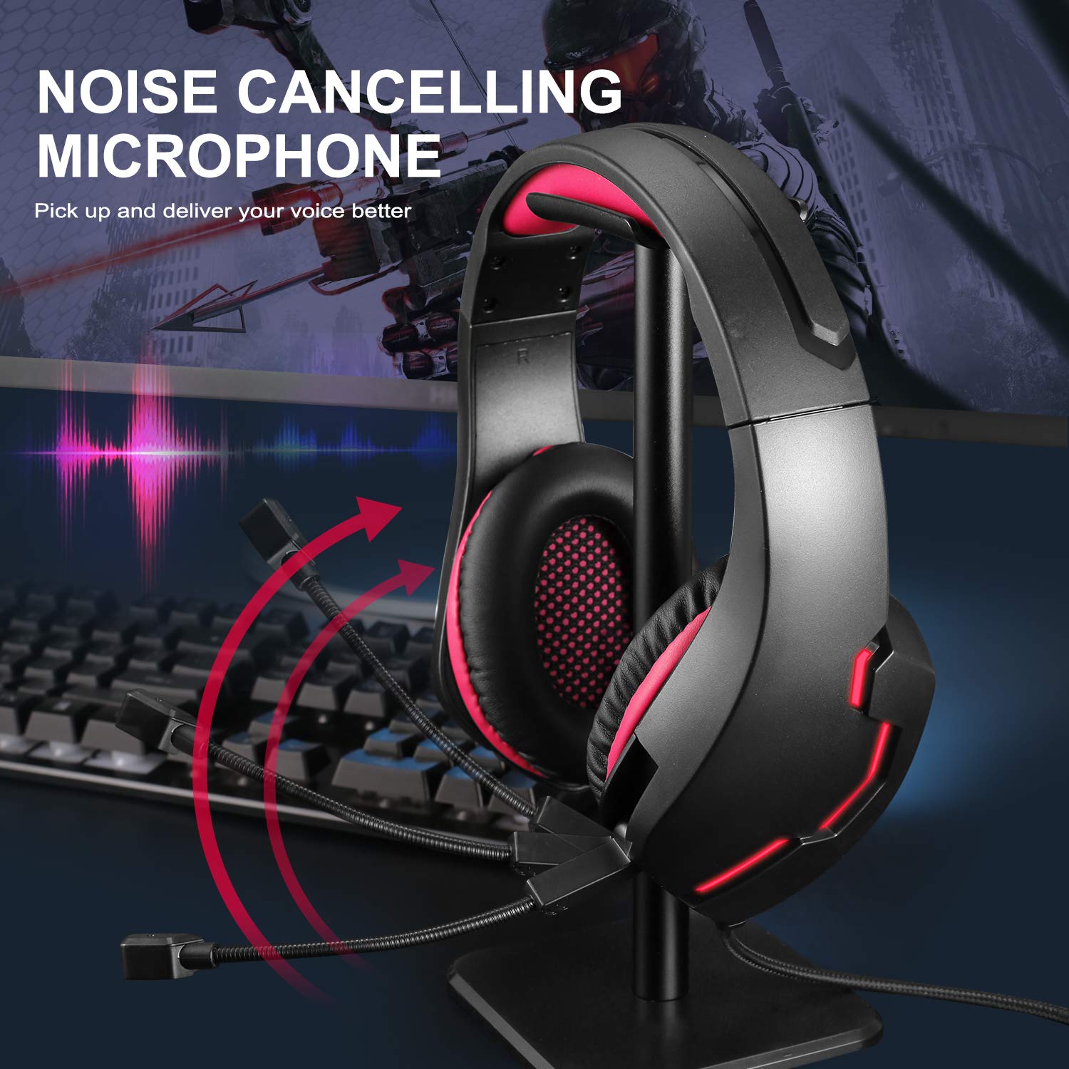 LMPOHO PS4 Gaming Headset for Xbox One, PS5, PC, Over Ear Headphones with Noise-Cancelling Mic, J10 Wired Gaming Headset with Stereo Surround Sound, LED Light, Comfort Earmuff - Red