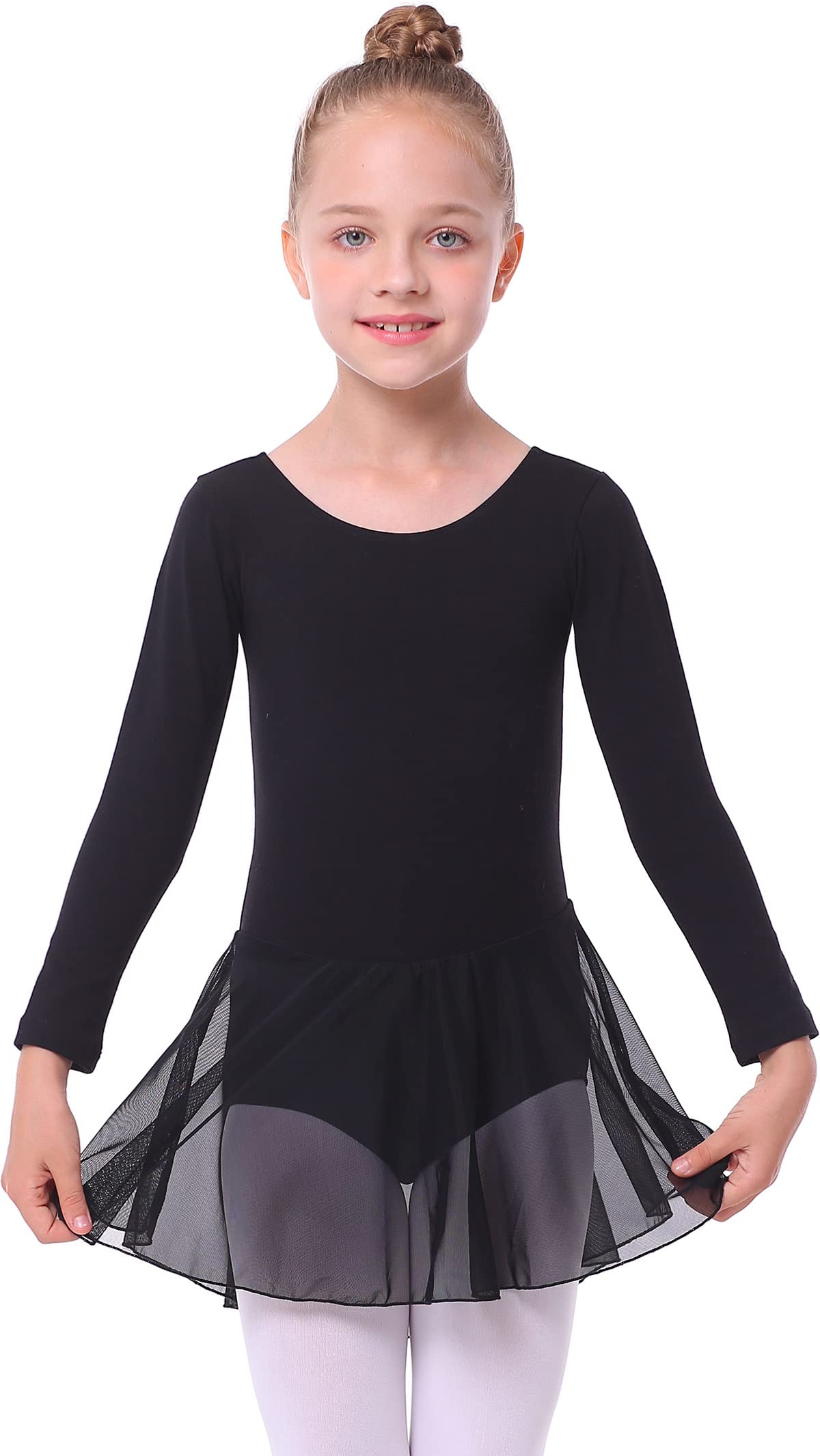MdnMd Long Sleeve Dance Leotard Ballet Dress Clothes for Ballerina Girls (Age 6-8, Black)