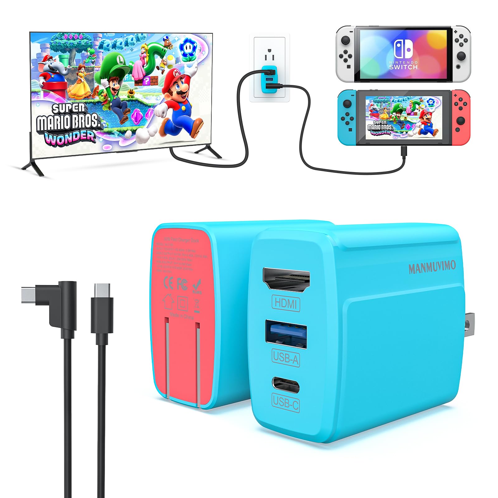 Switch Dock Charger HDMI Adapter for Nintendo Switch/OLED, Switch Docking Station Replacement for Original Dock Set, Portable 30W High-Speed with USB 3.0 Port, USB-C to USB-C Cable(Blue)
