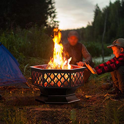 Topeakmart Portable Fire Pit Outdoor Firepit with Mesh Sides Cover Poker Steel Heater Fireplace Wood Burning Pit Hexagon Shaped Fireplace Metal Brazier 24in
