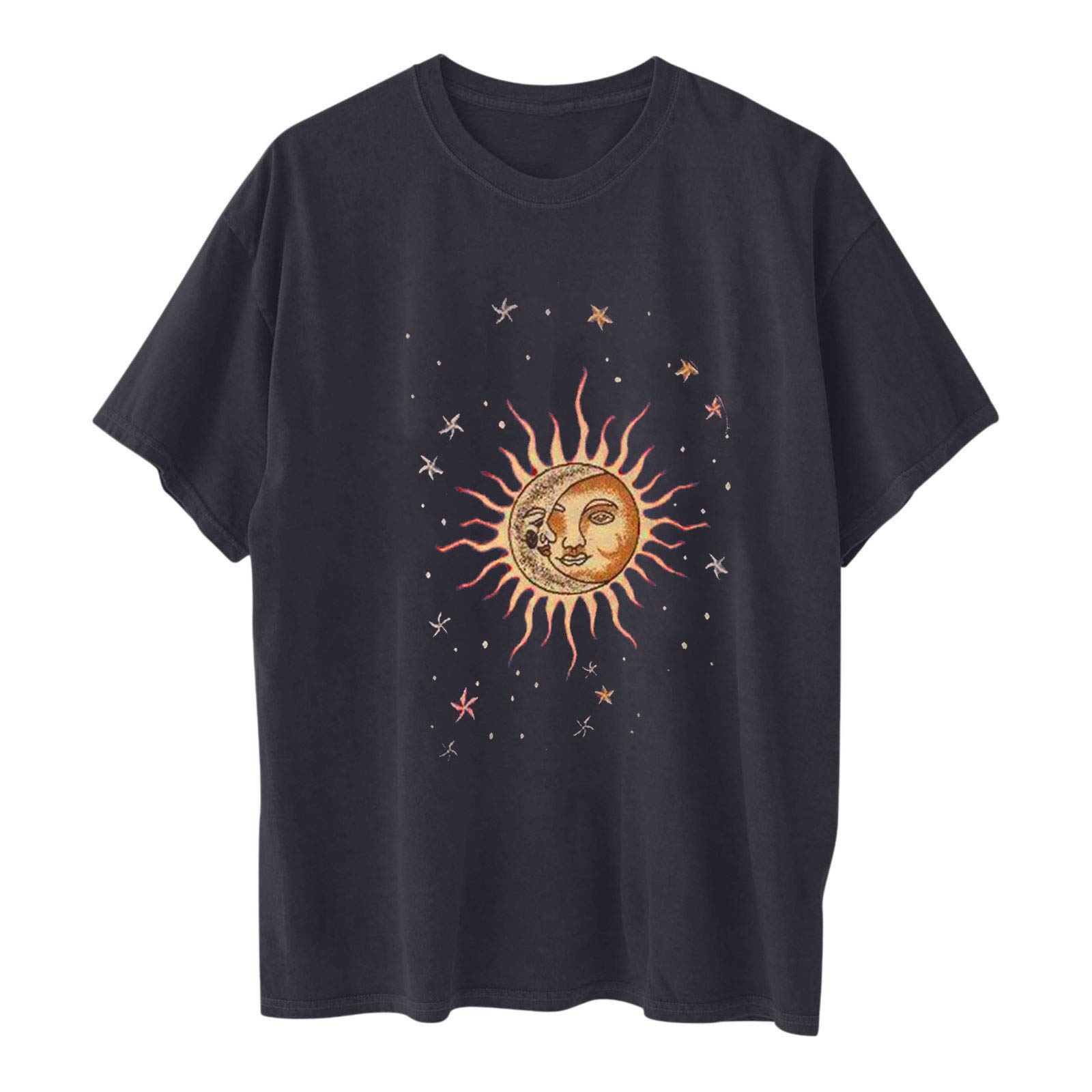 Printed Short Sun Women's Pattern Vintage Moon Blouse and Tops Sleeve Casual Women's Blouse Women's Active Shorts Dark Gray