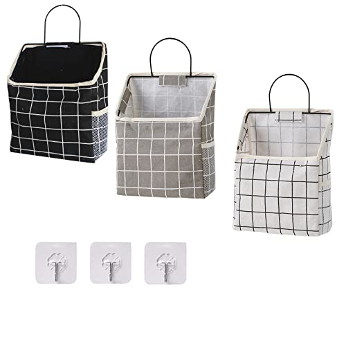 Teatalk 3 Pack Wall Hanging Storage Bags with Sticky Hooks,Closet Hanging Storage for Pocket,Bathroom Dormitory Organizer,Linen Cotton Organizer Box Containers for Bedroom