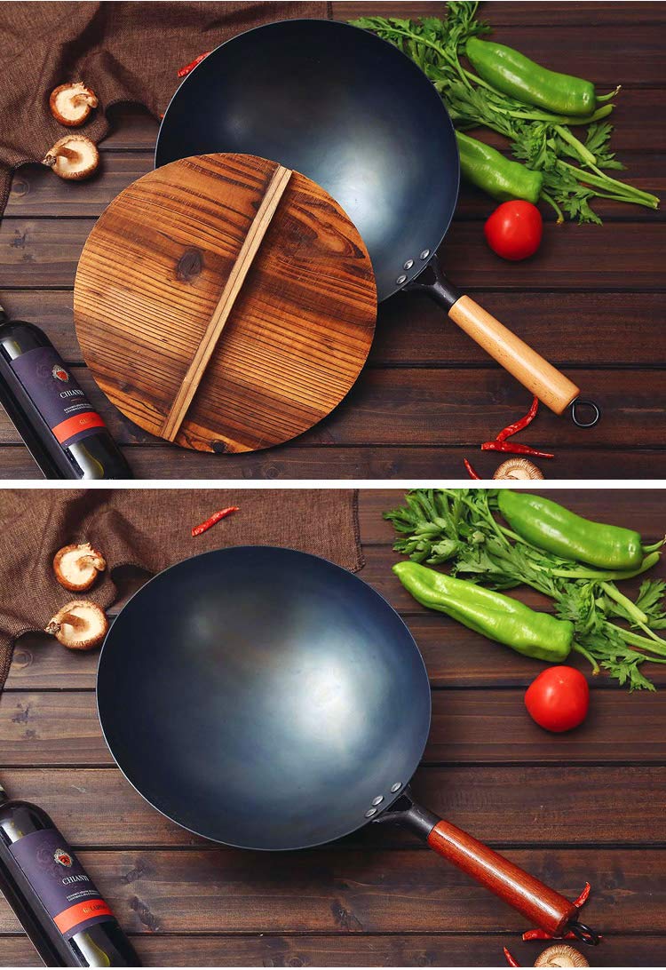 SERENITA Chinese 100% Hand Hammered Iron Woks Stir Fry Pans, Non-stick, No Coating, Less Oil, 30CM, Black Seasoned Wooden handle