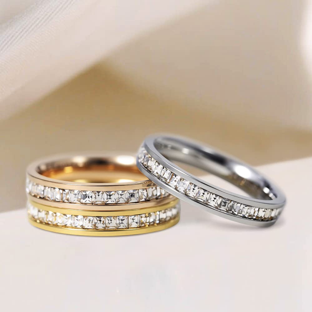 Monkton 4mm Square CZ Simulated Diamond Wedding Band Stainless Steel Eternity Promise Ring for Women Size 4-12,Silver,Size 9