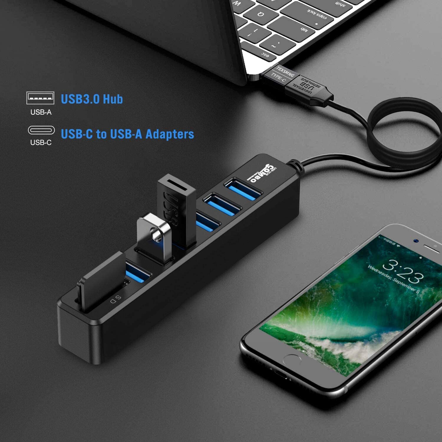 TEXSMNG USB Hub 2.0 1m Cable 8 in 1, USB Adapter to 6 USB 2.0 Extension, SD TF Compatible with Laptop and Other Type C Devices