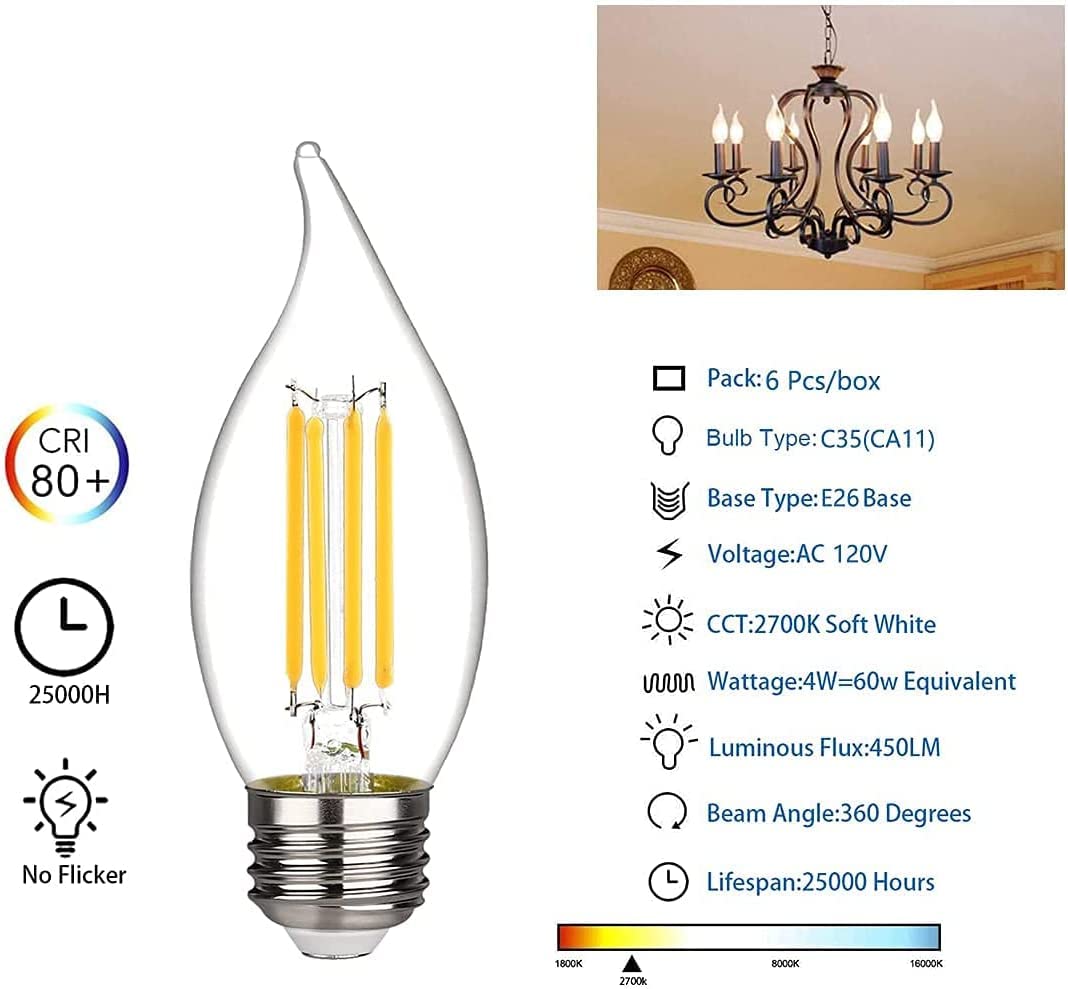 KGC LED Candelabra Bulb, 2700K Warm White 450LM, LED Dimmable Edison Bulb,4.5W Equivalent to 60W, E26 Medium Base LED Candle Bulbs, CA11/C35 Clear Glass Flame Shape Bent Tip - 6 Pack