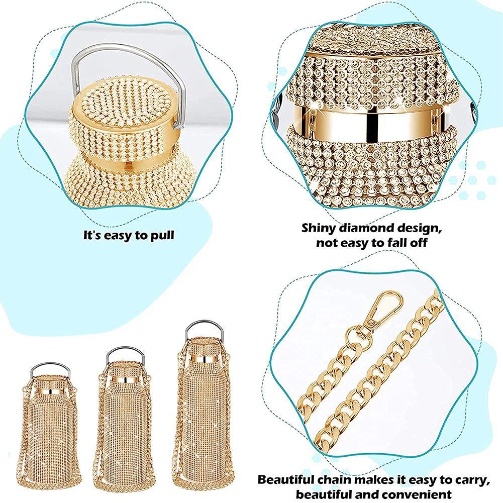 QIANSHENG Bling Diamond Water Bottle Sparkling Glitter Stainless Steel Thermos Bottle Vacuum Flask for Women Refillable Insulated Water Bottle with Chain & Gift Box (Gold,350ml)
