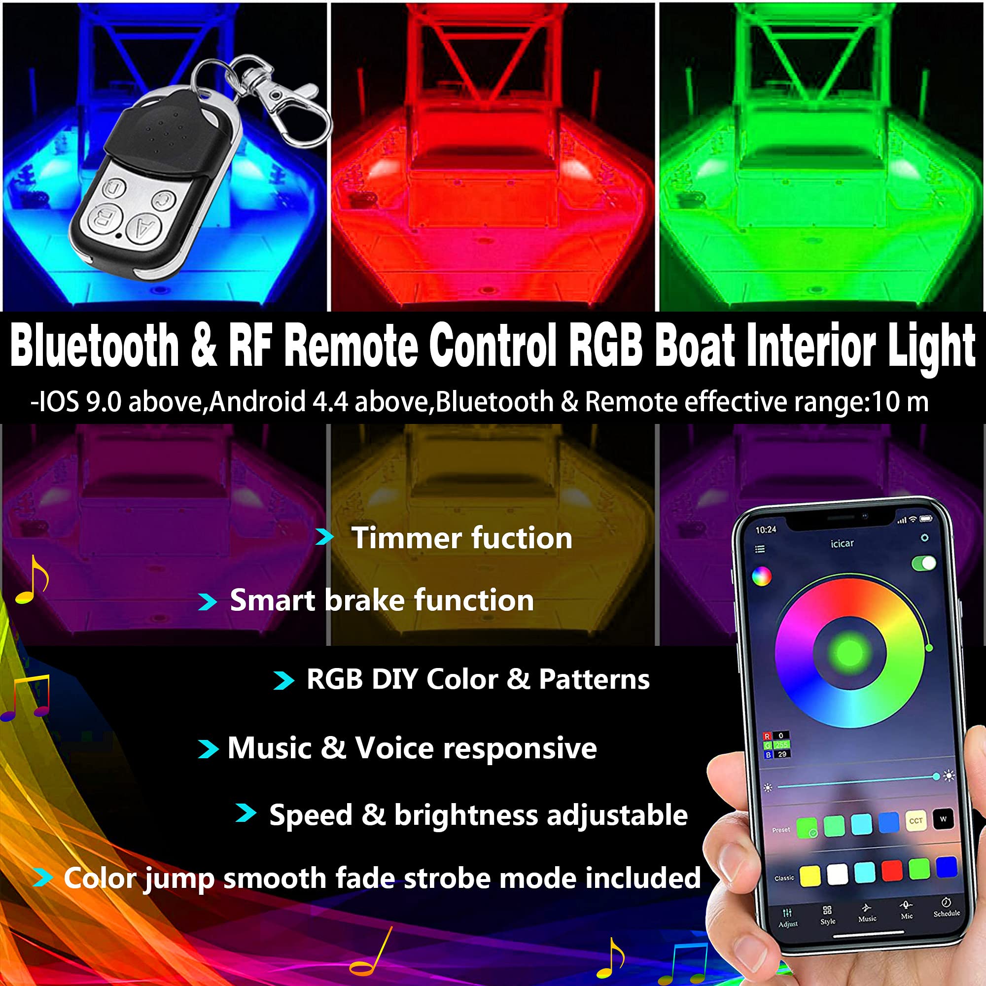NBWDY 8pcs Led Strip Lights Boat Lights with APP 4-Key RF Remote Control,Waterproof 12V Boat Interior RGB Strip Lights,Boat Deck Lighting,Multi-Color Marine Lights for Boat Sailboat Kayak