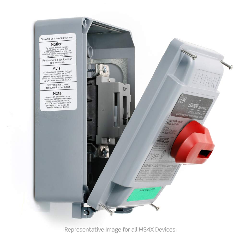 Leviton MS4X-303 30 Amp, 600 VAC, 3-Pole, Non-Fused Manual Motor Starter, Suitable as Motor Disconnect, Type 4X Thermoplastic Enclosure, IP67-Watertight