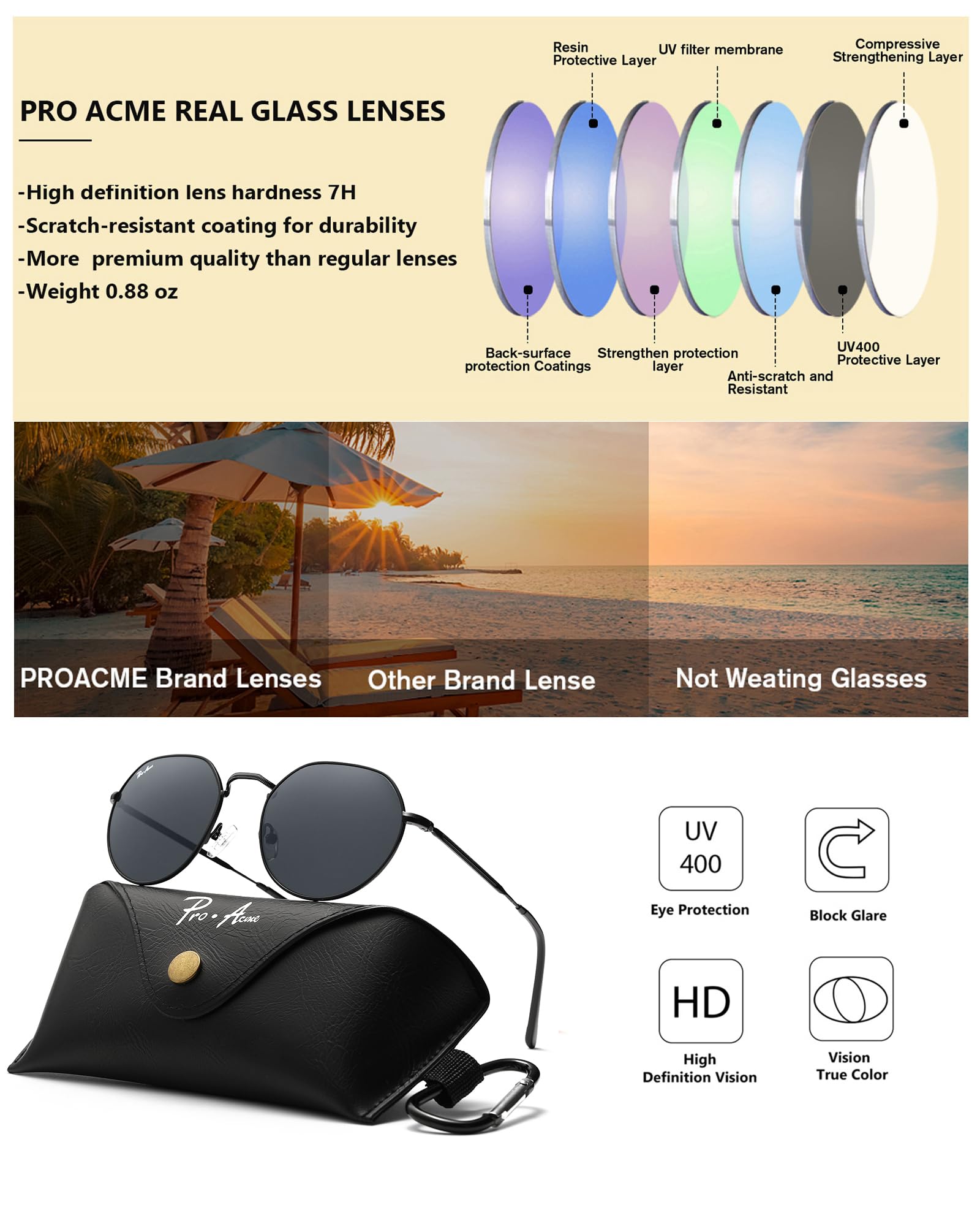 Pro Acme Polygon Round Sunglasses, Large Metal Frame Shades Sun Glass 100% Real Glass Lens 53MM (Gold/Black Grey)