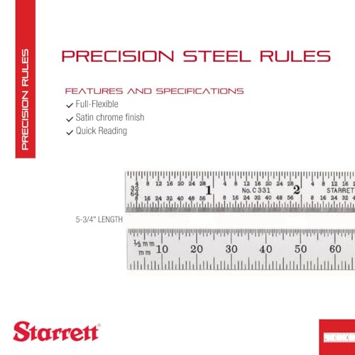 Starrett Full Flexible Steel Rule with Satin Chrome Finish, Quick Reading, Millimeter and Inch Graduations - 5-3/4 Inch Length, 31 Graduation Type, 0.4mm Thickness - C331-150