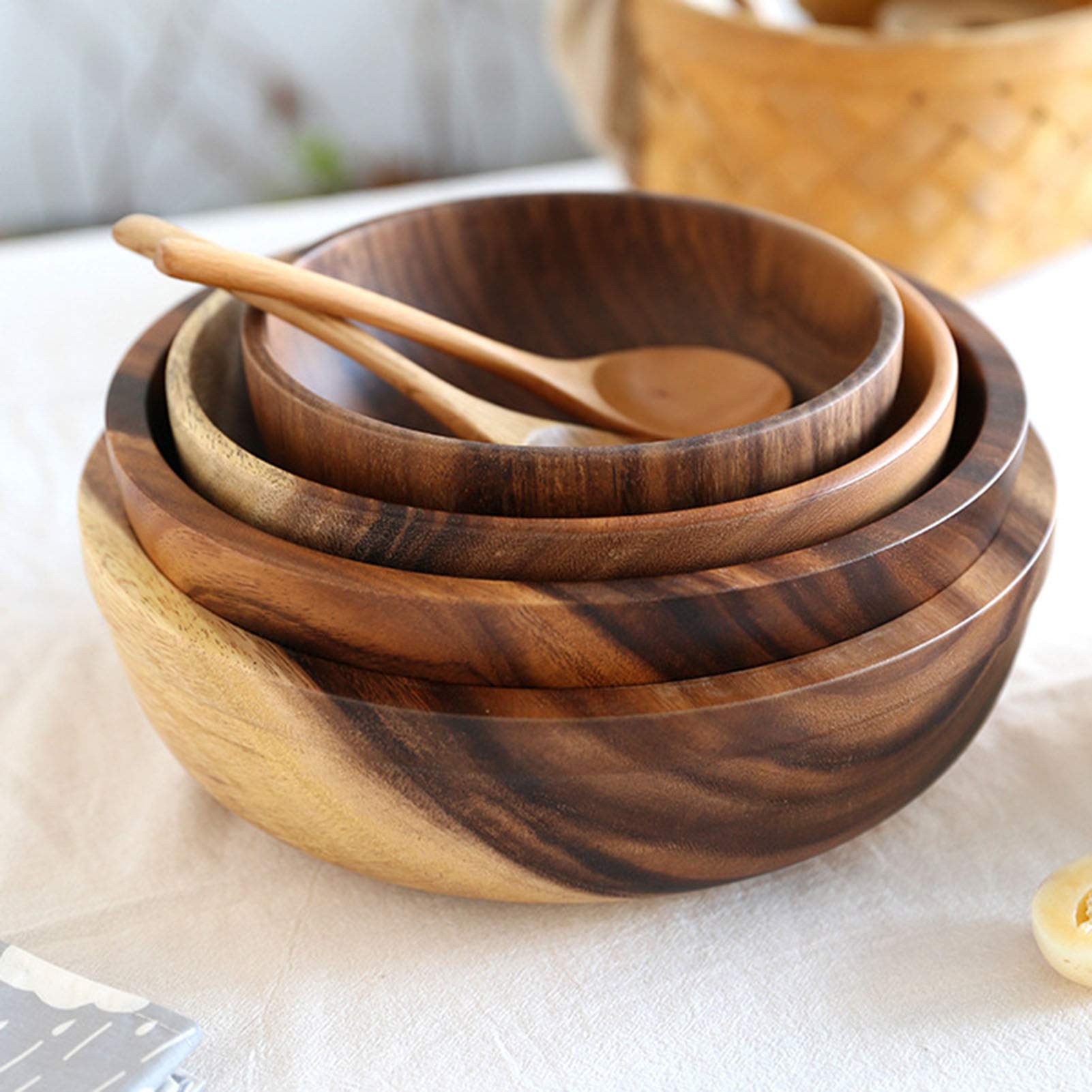 qiguch66 Storage Container,Household Round Wooden Fruit Salad Bowl Dinnerware Basin Container Kitchen Tool - S