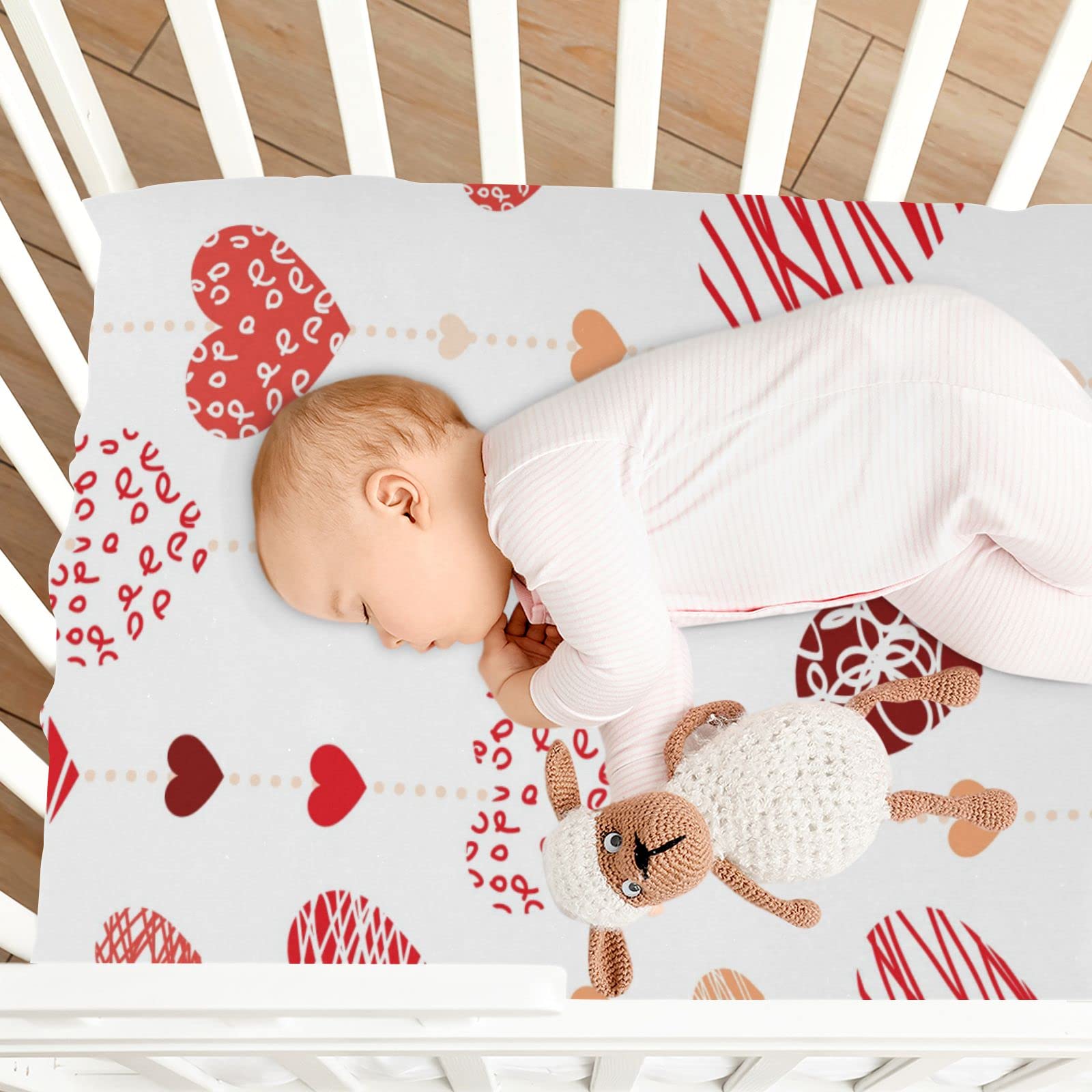 Valentines Day Hearts Baby Crib Sheets Soft Toddler Bed Sheets Breathable Mattress Cover Crib Mattress Sheet for Boys Nursery Crib Mattress, 52 * 28 * 9in