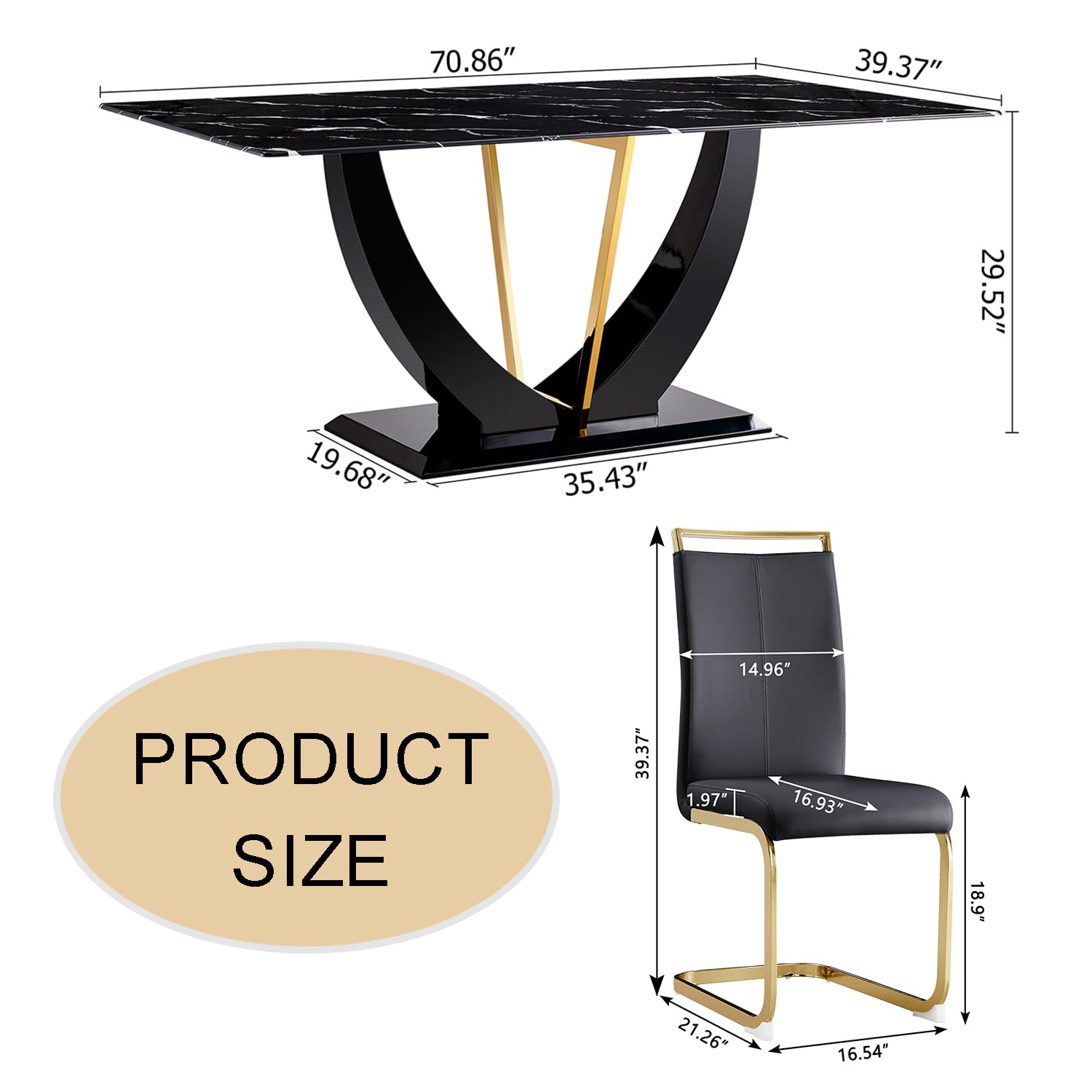 JUFU 71" Modern Dining Room Table Set for 6, Black Marble Faux Kichen Table Set with U-Shaped Base,Luxurious Rectangular Diner Table ANG Leather Dining Chairs with Golden Legs