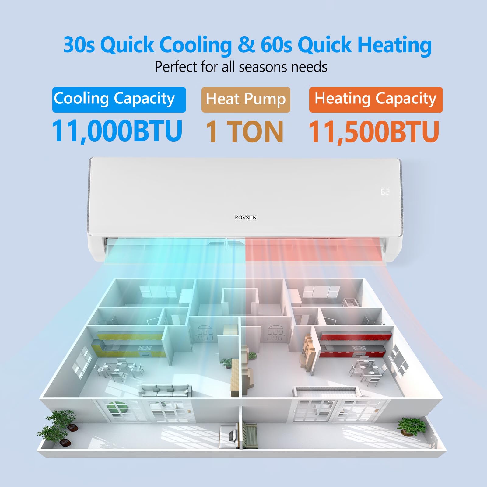 ROVSUN 11000 BTU Wifi Enabled Mini Split Air Conditioner & Heater, 17 SEER2 115V Inverter Ductless Wall AC Unit with Pre-Charged Condenser, Heat Pump & Installation Kit