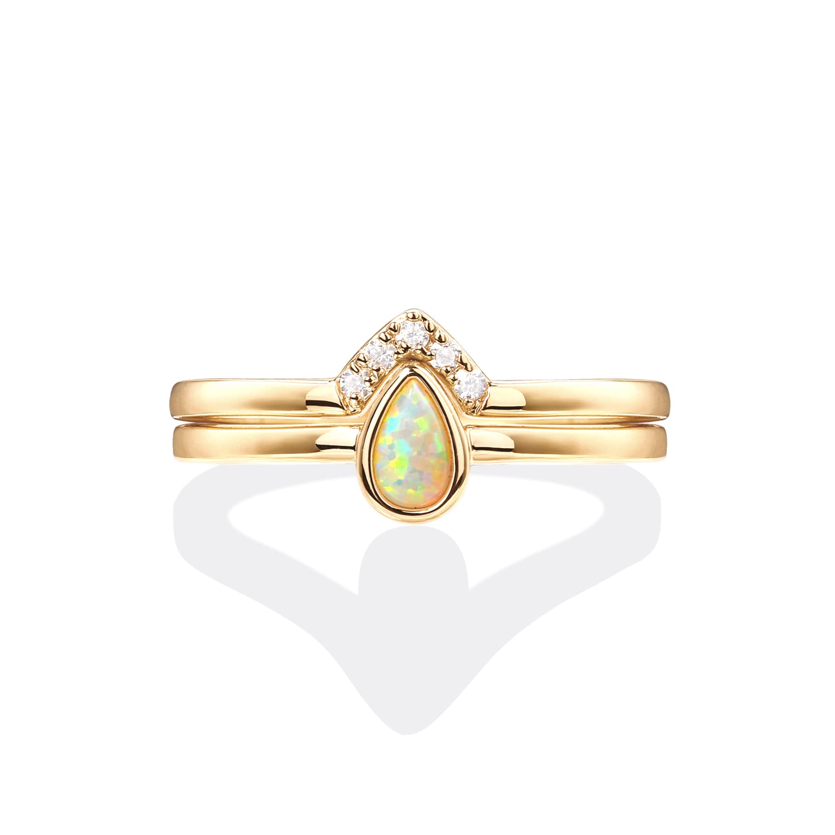 PAVOI 14K Gold Plated Stacking Rings for Women | Classy Design with Sparkling Cubic Zirconia Crystals & Opal | Everyday Jewelry (Yellow Gold Plated, 7)