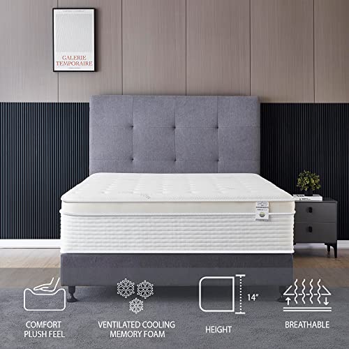 King Size Mattress - 16 Inch Cool Memory Foam & Spring Hybrid Mattress with Breathable Cover - Comfort Plush Euro Pillow Top - Rolled in a Box - Oliver & Smith