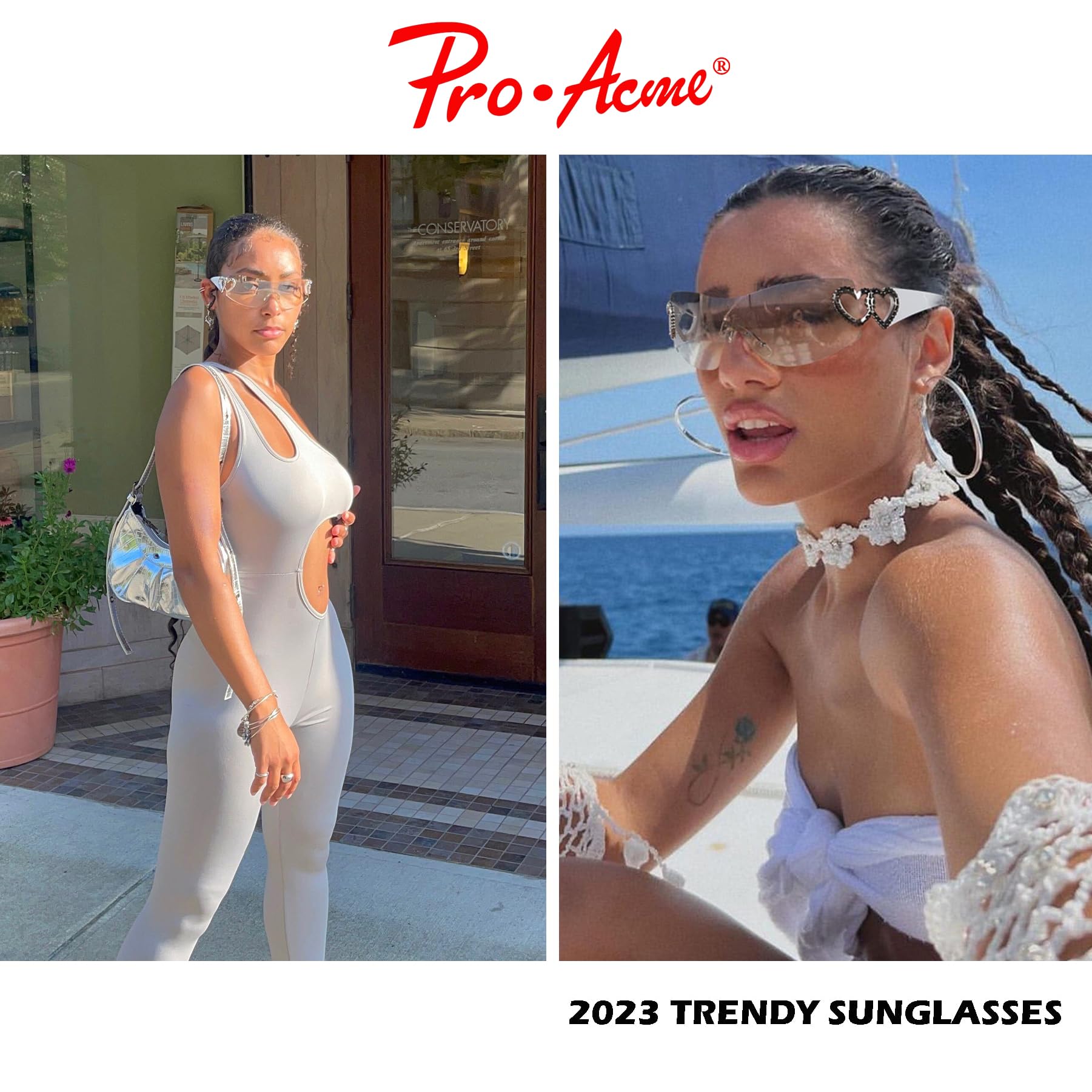 Pro Acme Wrap Around Rimless Sunglasses for Women Men Oversized Fashion Futuristic Sun Glasses Flat Top Shield 2000S Trendy (White Frame|Silver Lens)