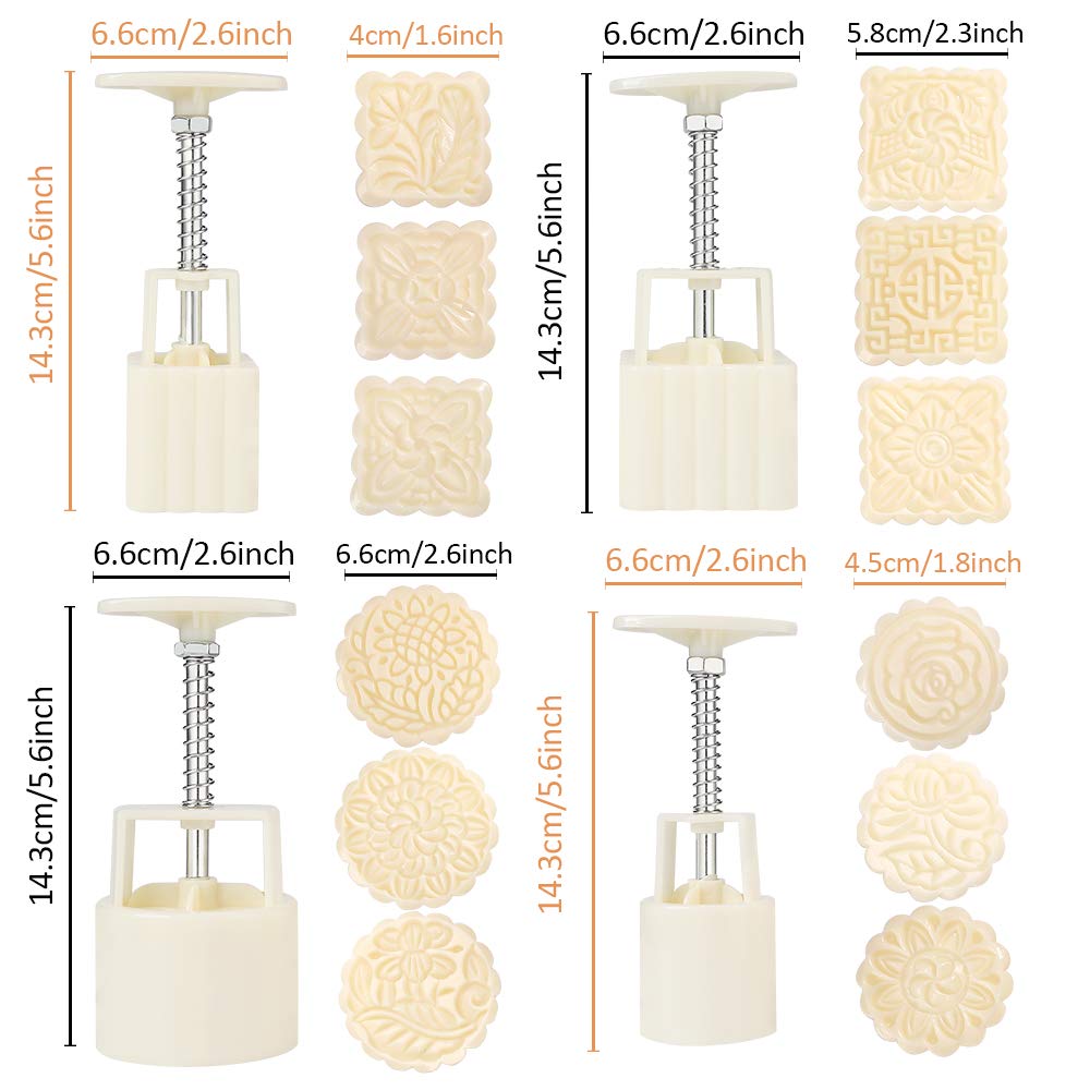 PowerKing Hand-Pressure Moon Cake Mould Cookie Stamps for Mid-Autumn Festival (4 Sets Mold with 12 Stamps)